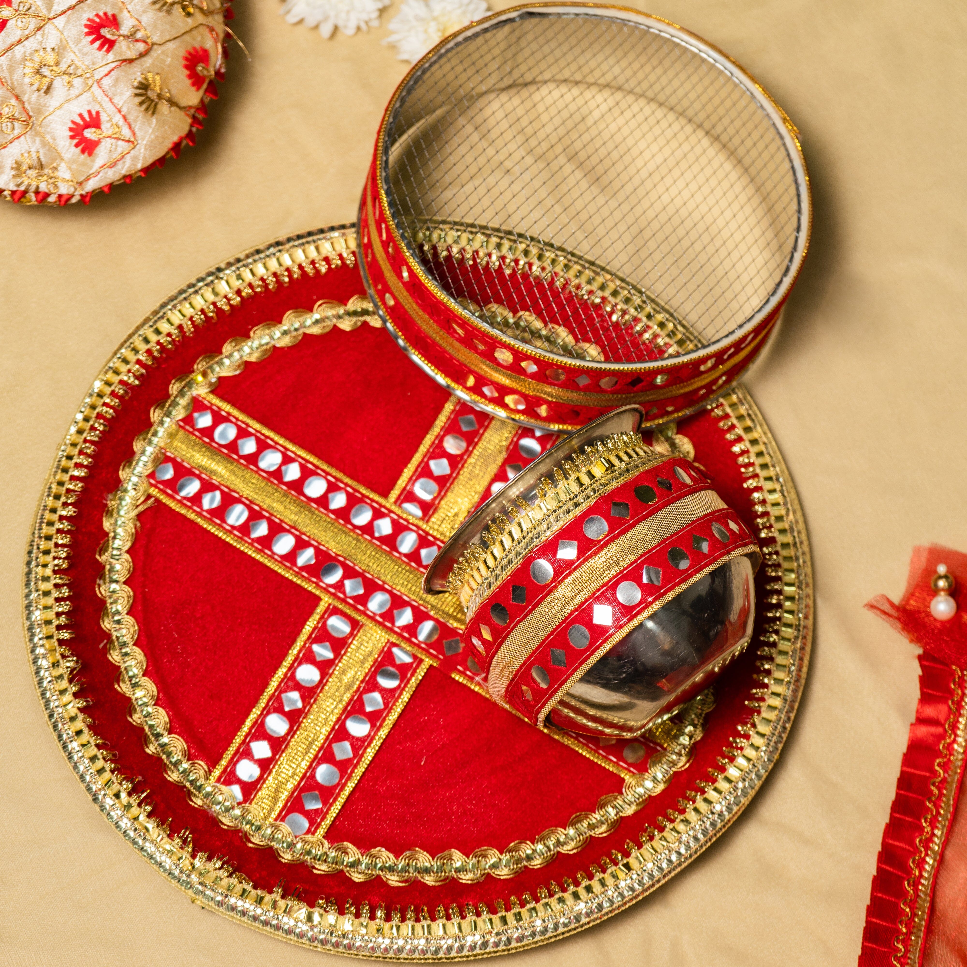 Buy Nayantara Red Gota Karwa Chauth Thali Set Online in India - Mypoojabox.in