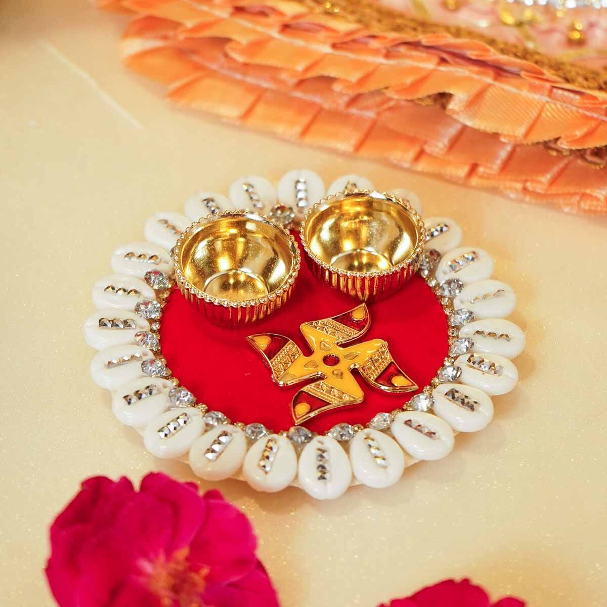 Buy Red Swastik Roli Akshat Mini Thali Online in India - Mypoojabox.in