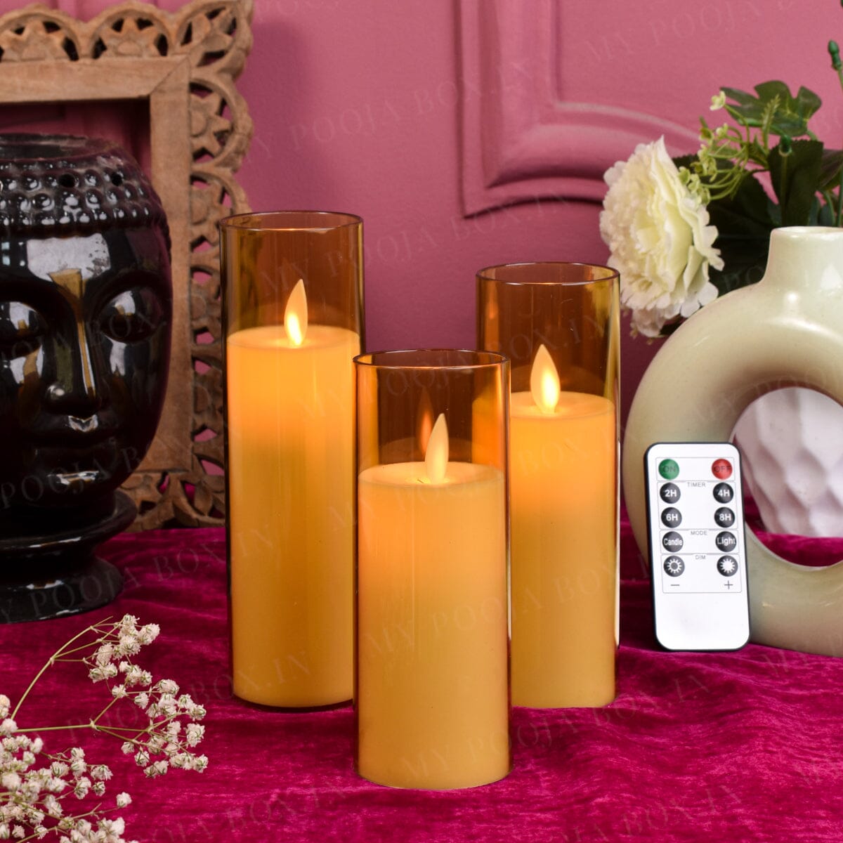 Buy Flameless Golden LED T-Light Pillar Candles With Remote (Set of 3 ...