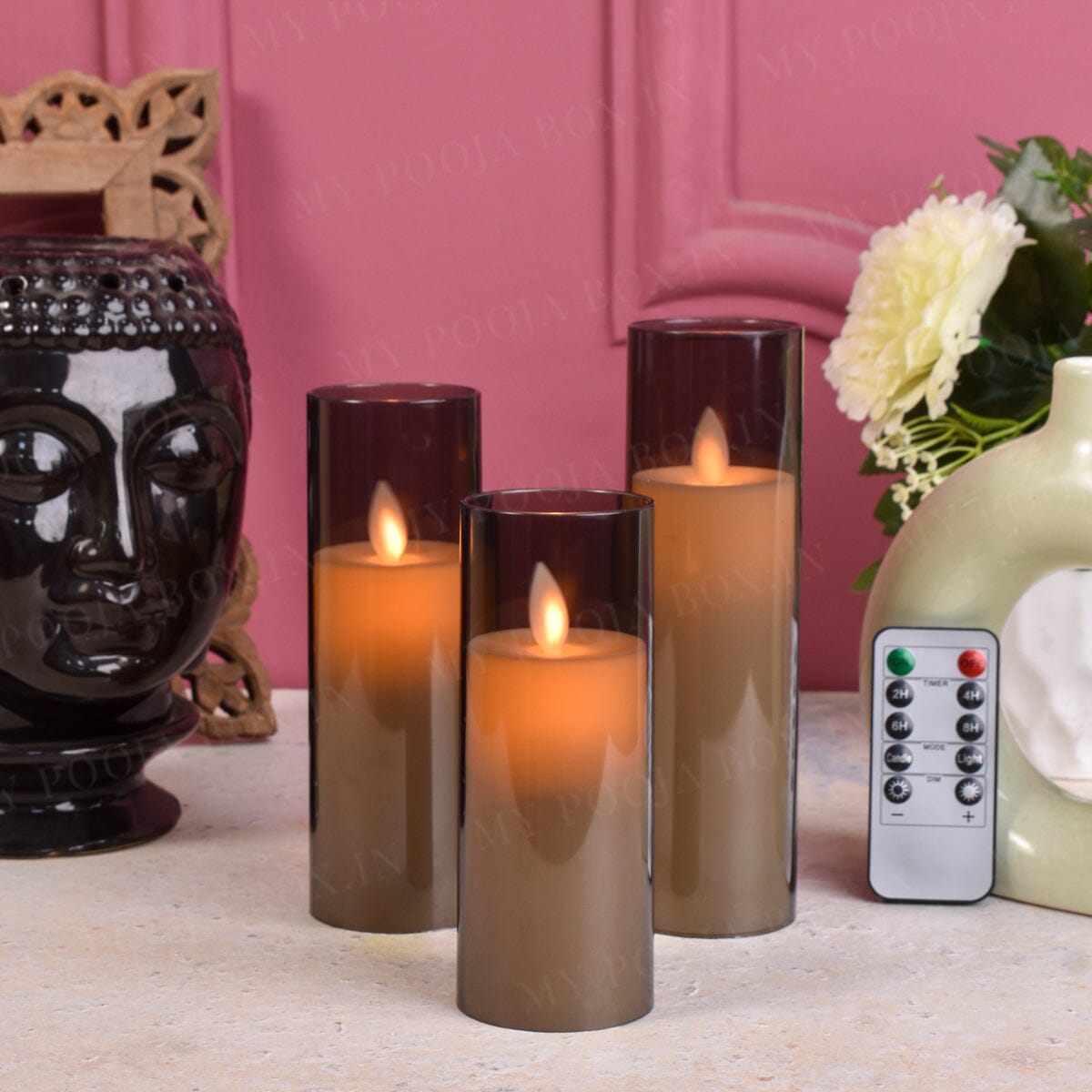Buy Flameless Grey LED T-Light Pillar Candles With Remote (Set of 3 ...