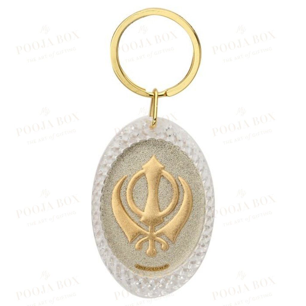 Buy 24K Gold Foil Khanda Oval Keychain Online in India - Mypoojabox.in