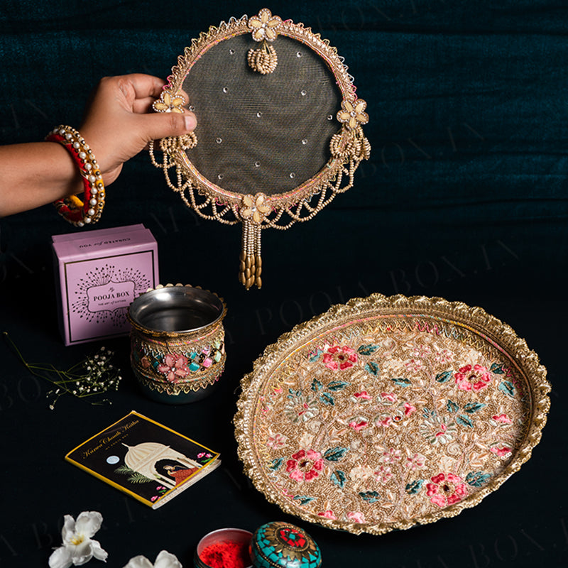 Buy Amelia Embroidered Karwa Chauth Thali Set Online in India - Mypoojabox.in