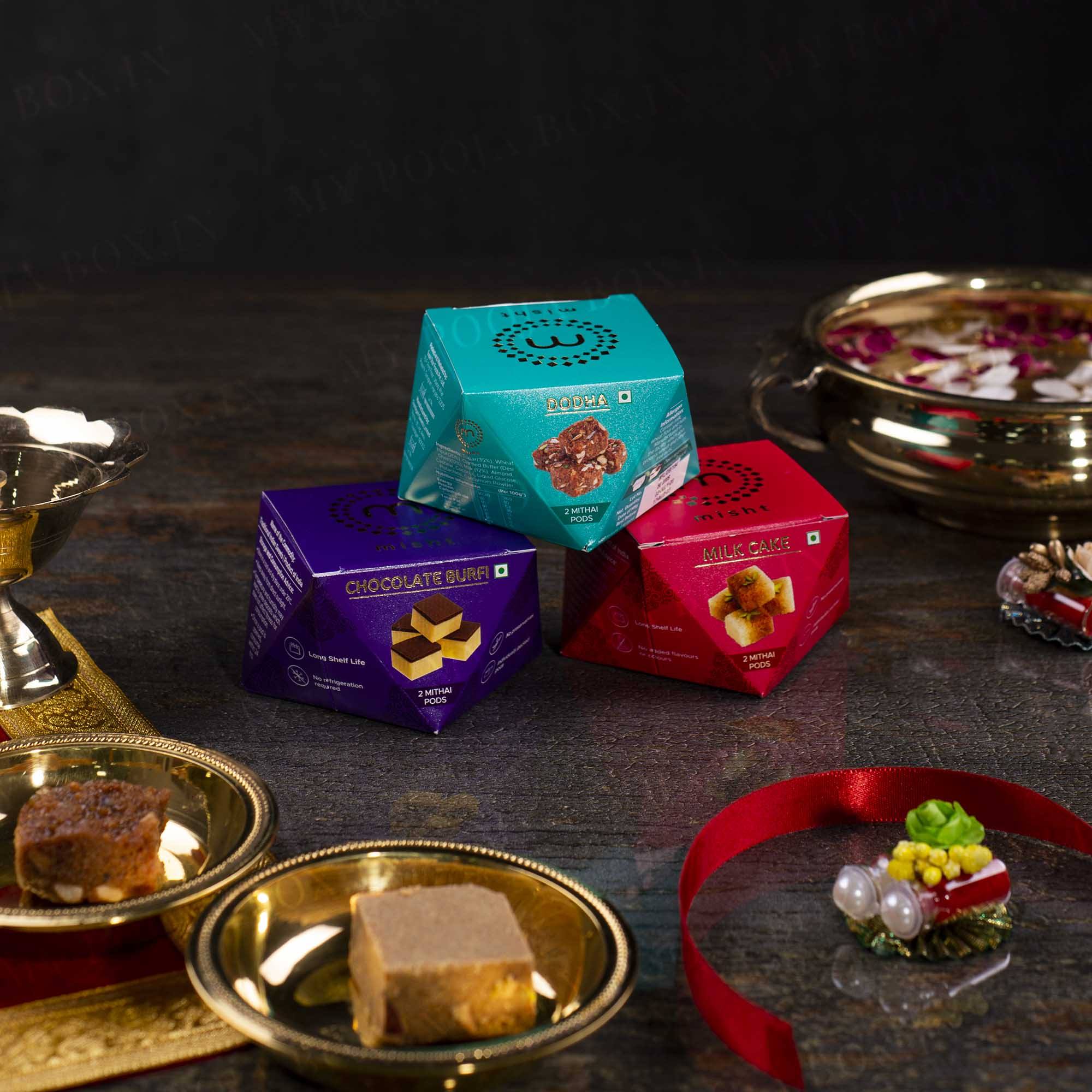 Buy Dodha, Milk Cake and Chocolate Burfi Mithai Set (Small) Online in ...
