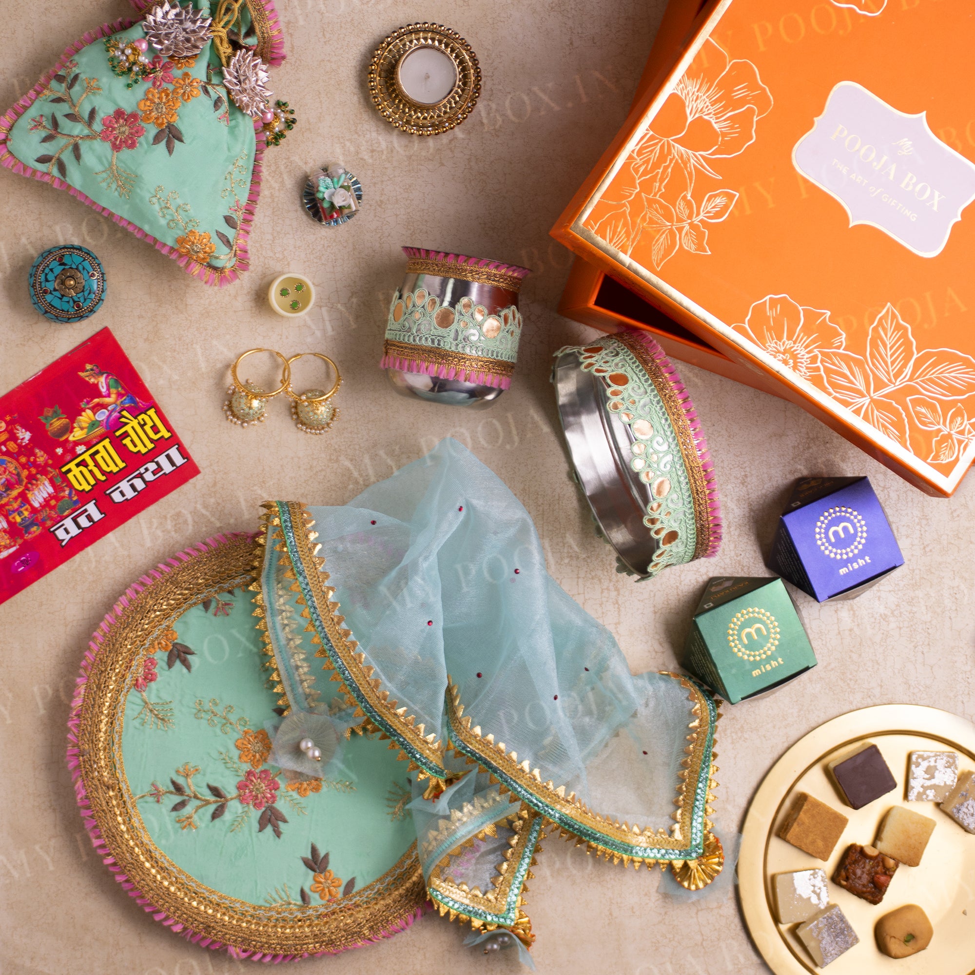 Buy Mint Petunia Gift Box for Karwa Chauth Online in India - Mypoojabox.in